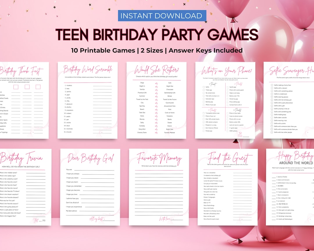 Teen Birthday Party Games Bundle: 10 Printable Games (digital Download ...
