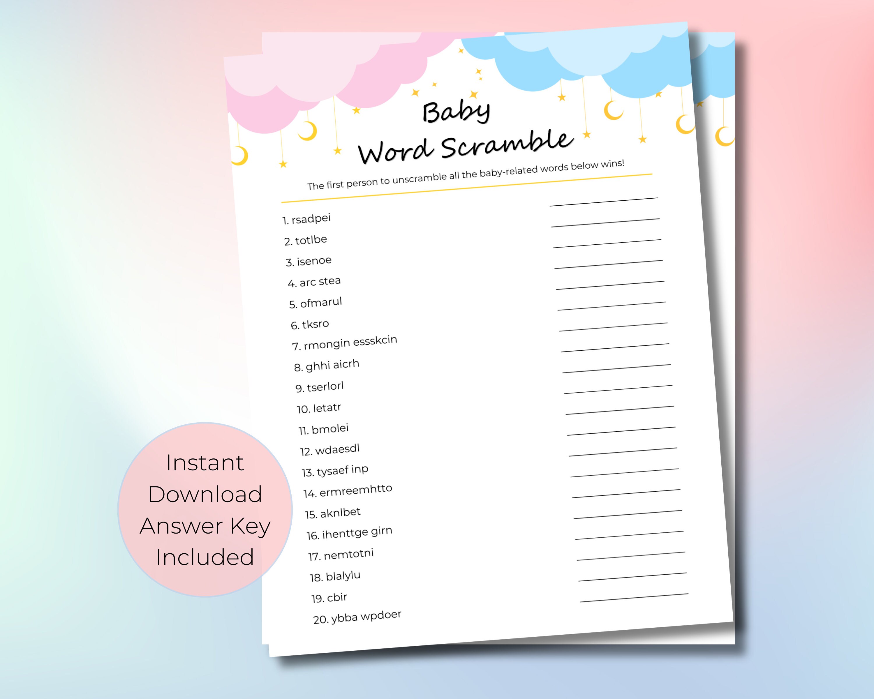 Baby Shower Word Scramble With Answer Key | Baby Shower Word Unscramble ...