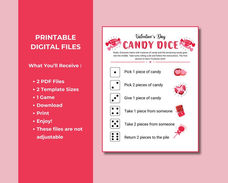 Valentine Day Candy Dice Game, Valentine Dice Game, Valentine Activity ...
