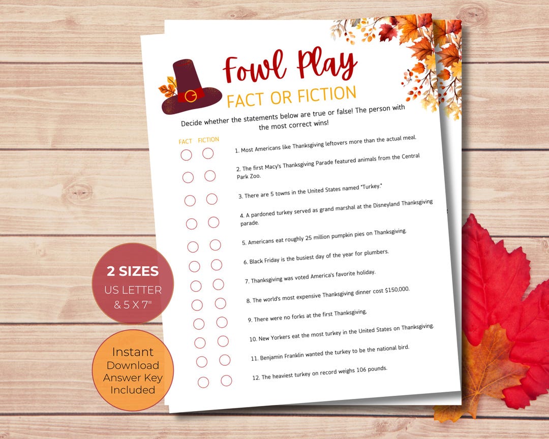Thanksgiving Trivia Game: Fowl Play Fact or Fiction (PDF) - Etsy