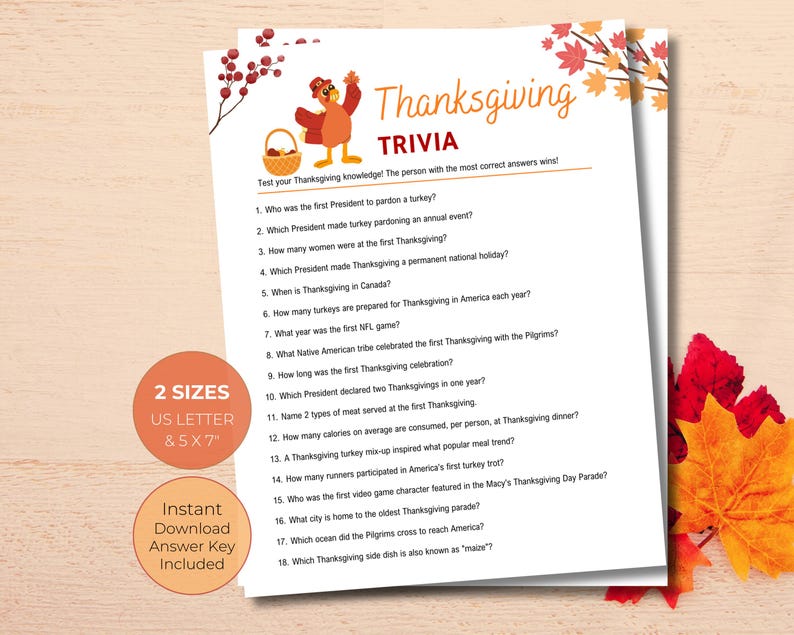 Thanksgiving Trivia Game: Fun Holiday Quiz (PDF Download) - Etsy