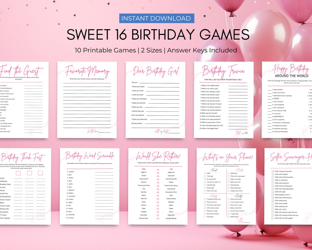 Sweet 16 Party Games 16th Birthday Games Printable Games for Teens Birthday Game Bundle Birthday ...