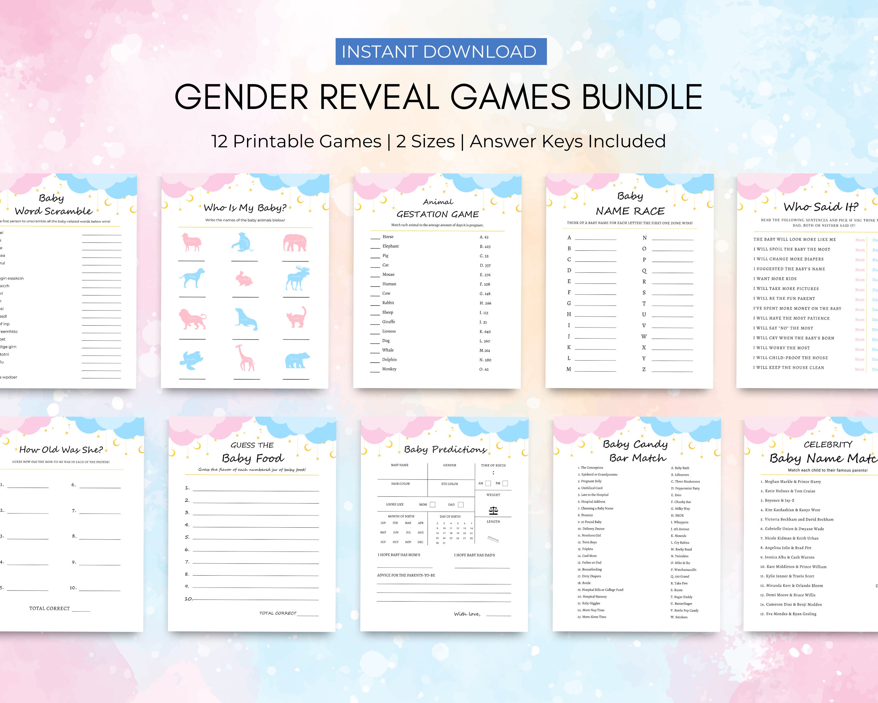 Gender Reveal Games Printable | Gender Reveal Games Bundle | Gender ...
