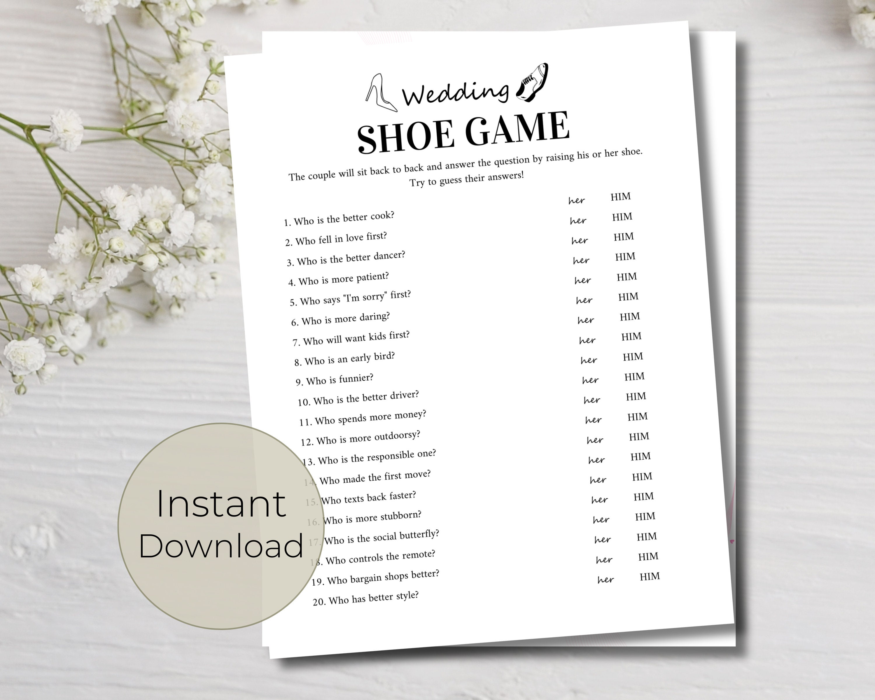 Wedding Shoe Game Bridal Shower Shoe Game Wedding Table Activities ...