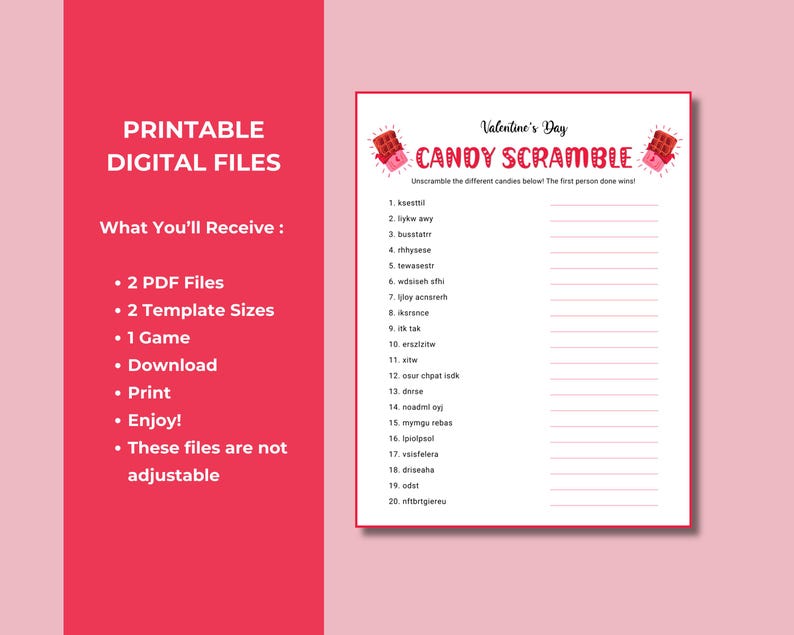 Valentine's Day Candy Scramble, Valentine's Party Game, Valentine's ...
