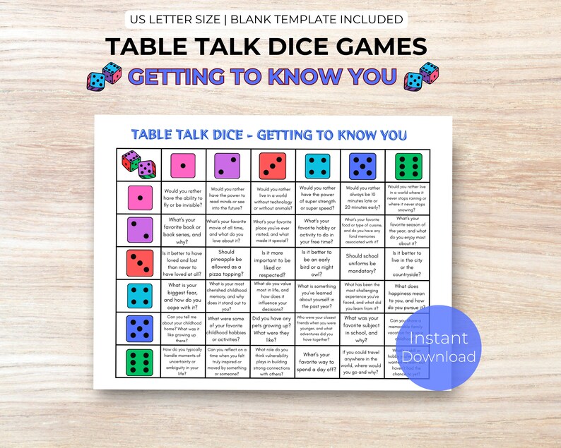 Getting to Know You Game: Table Talk Dice Questions (digital Download ...