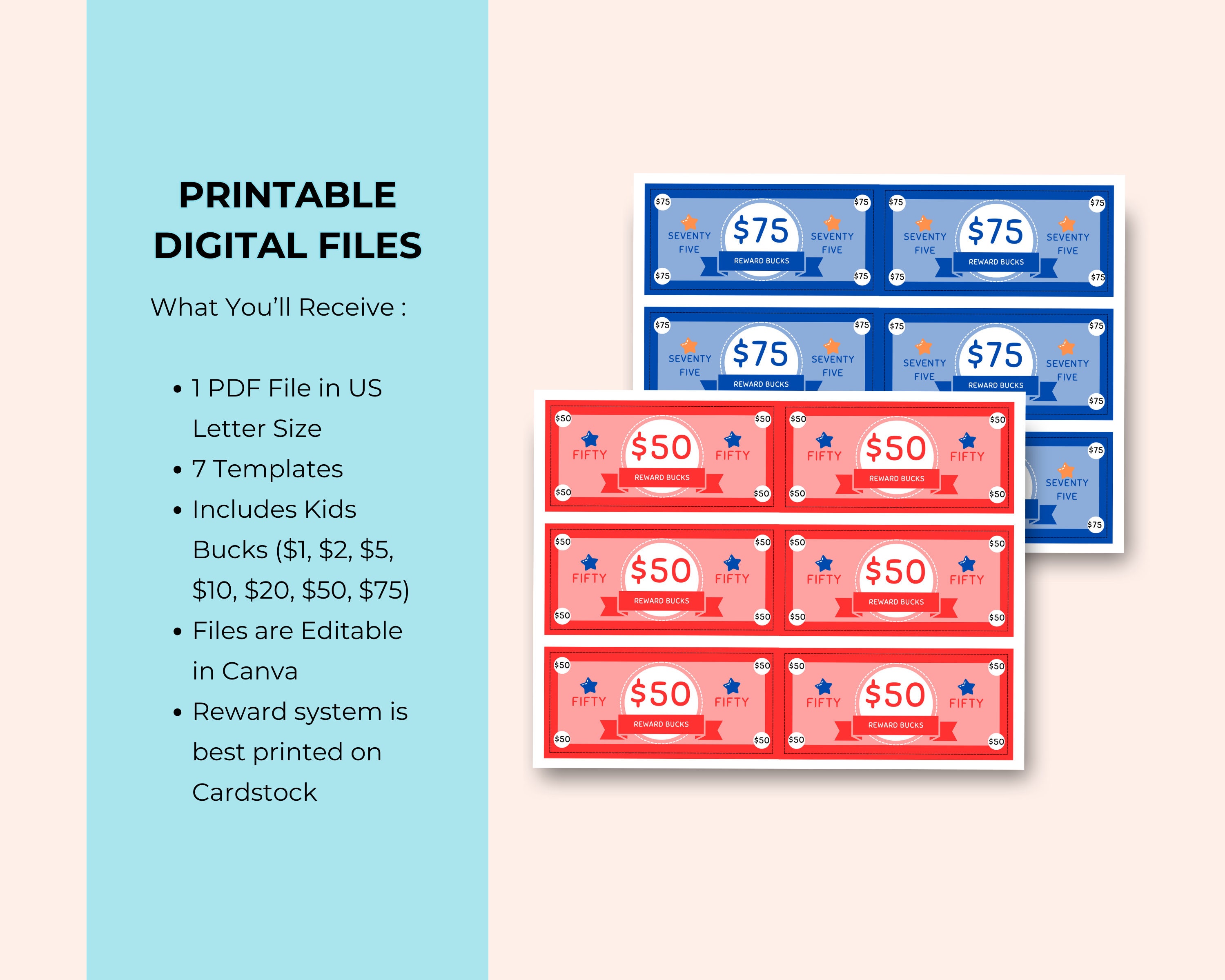 Editable Reward Bucks: Play Money for Kids (PDF) - Etsy