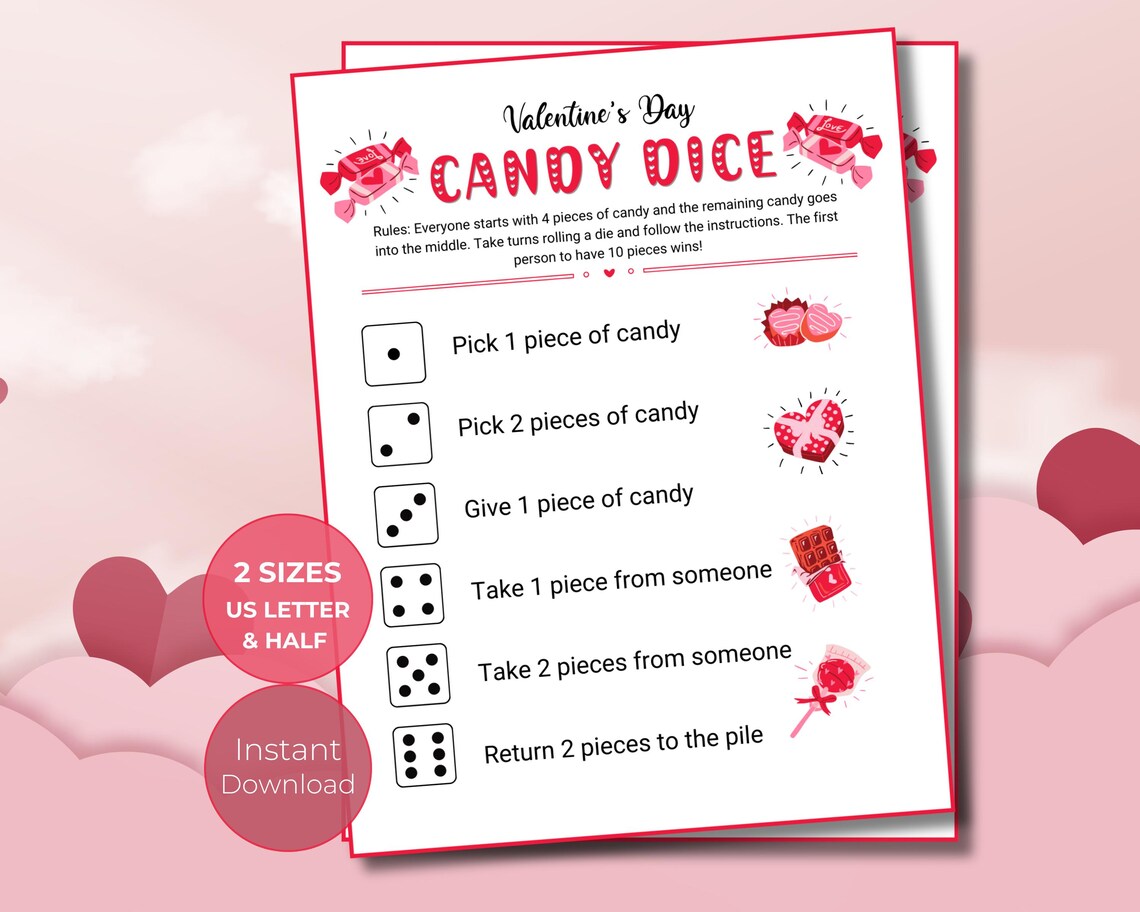 Valentine Day Candy Dice Game, Valentine Dice Game, Valentine Activity ...