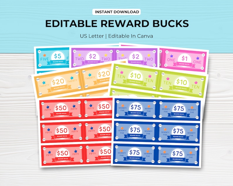 Editable Reward Bucks: Play Money for Kids (PDF) - Etsy
