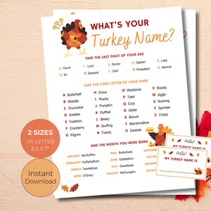 What's Your Turkey Name Game: Thanksgiving Party Icebreaker (PDF) - Etsy
