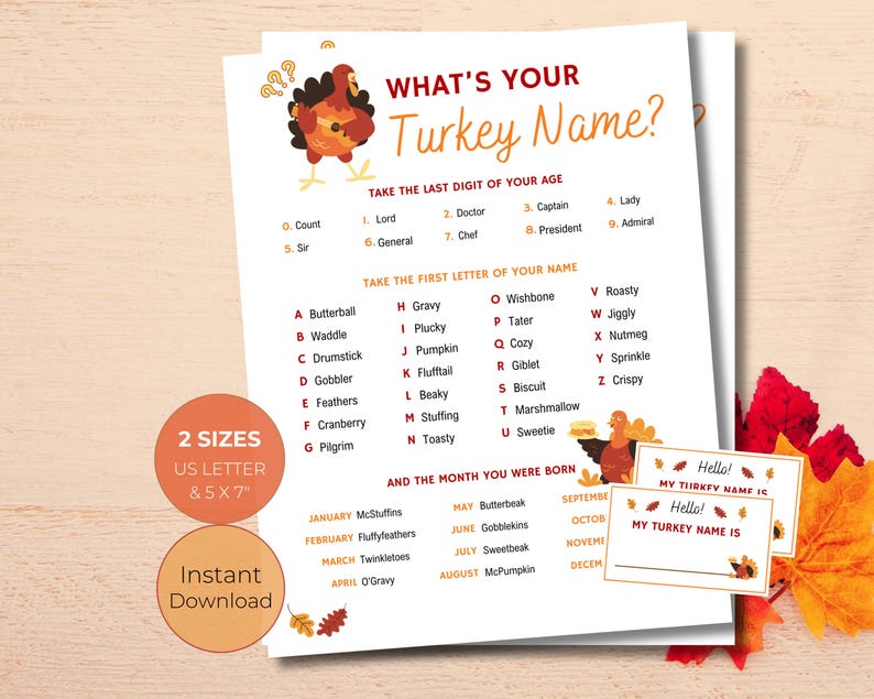 What's Your Turkey Name Game: Thanksgiving Party Icebreaker (PDF) - Etsy
