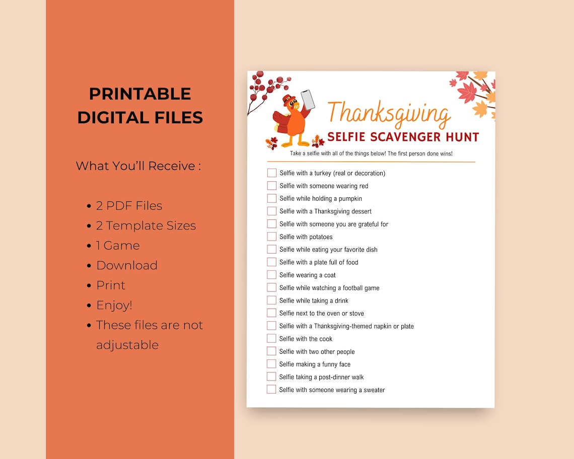 Thanksgiving Selfie Scavenger Hunt, Adult Scavenger Hunt, Thanksgiving ...
