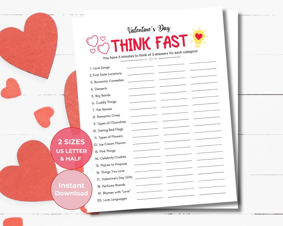 Valentine's Think Fast Game: Printable Party Icebreaker (digital ...