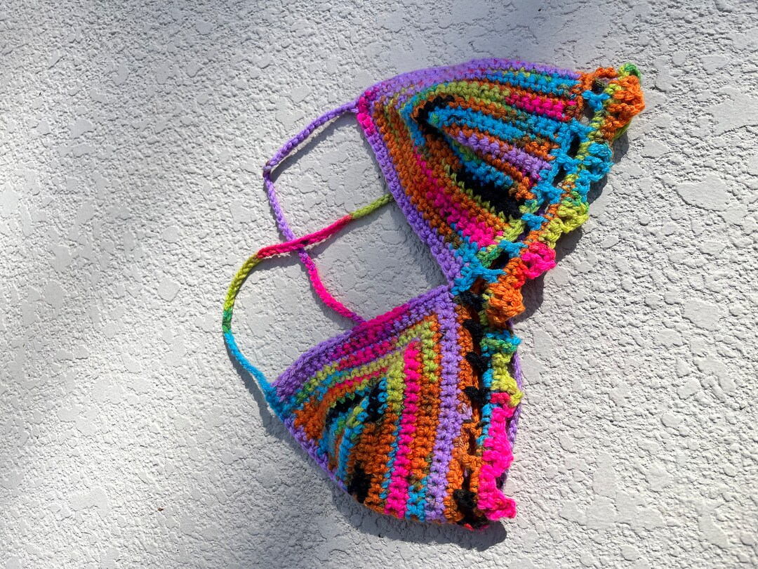 Miami Vice Inspired Crocheted Top - Neon Multicolor Tie-back Bralette ...