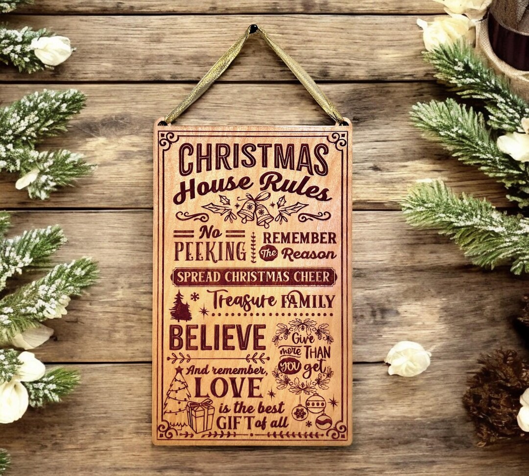 Personalized Christmas House Rules Sign | Rustic Laser Engraved Wood ...