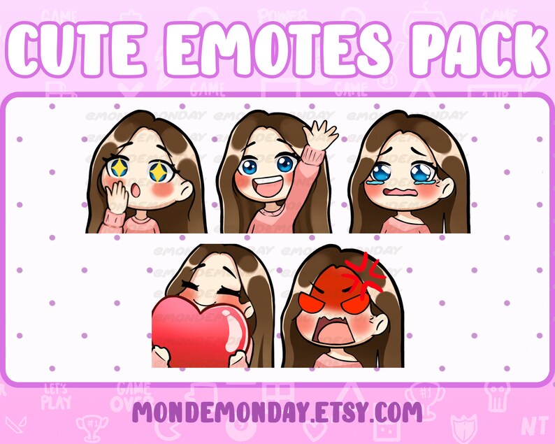 Cute Twitch Emotes Pack | Brown Long Hair, Blue Eyes, Light Skin ...