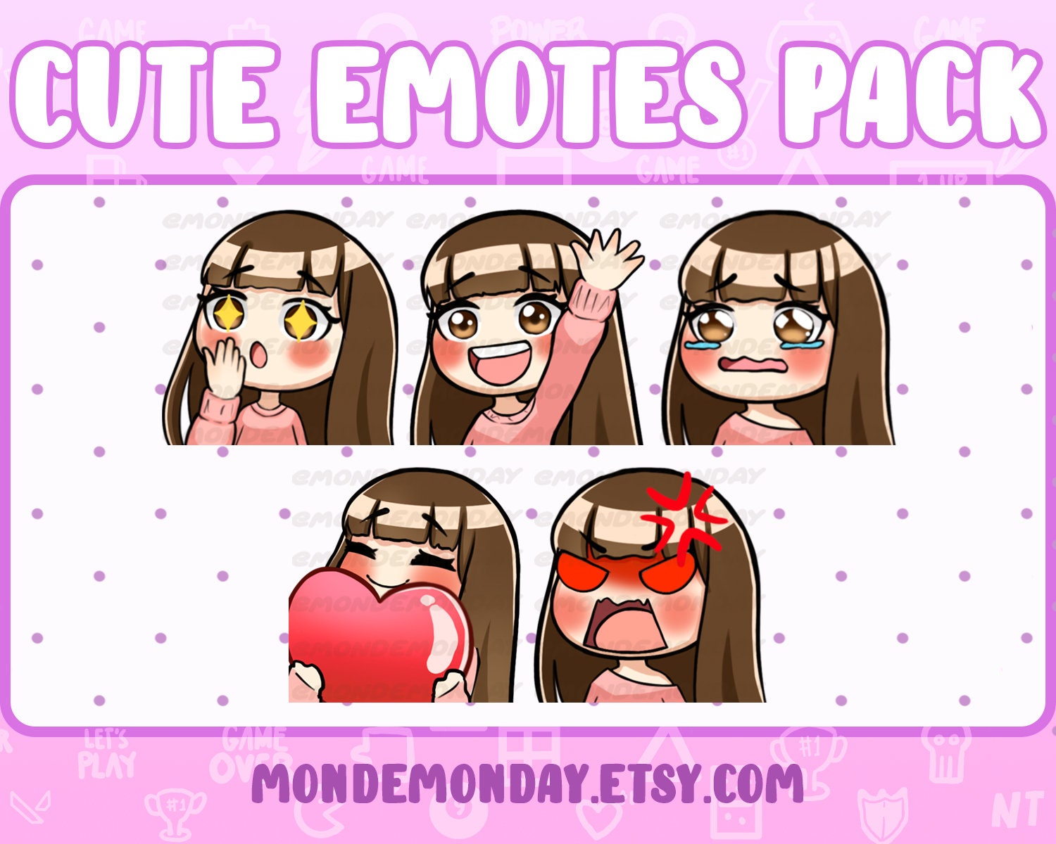 Cute Twitch Emotes Pack | Brown Long Hair With Bangs, Brown Eyes, Light ...