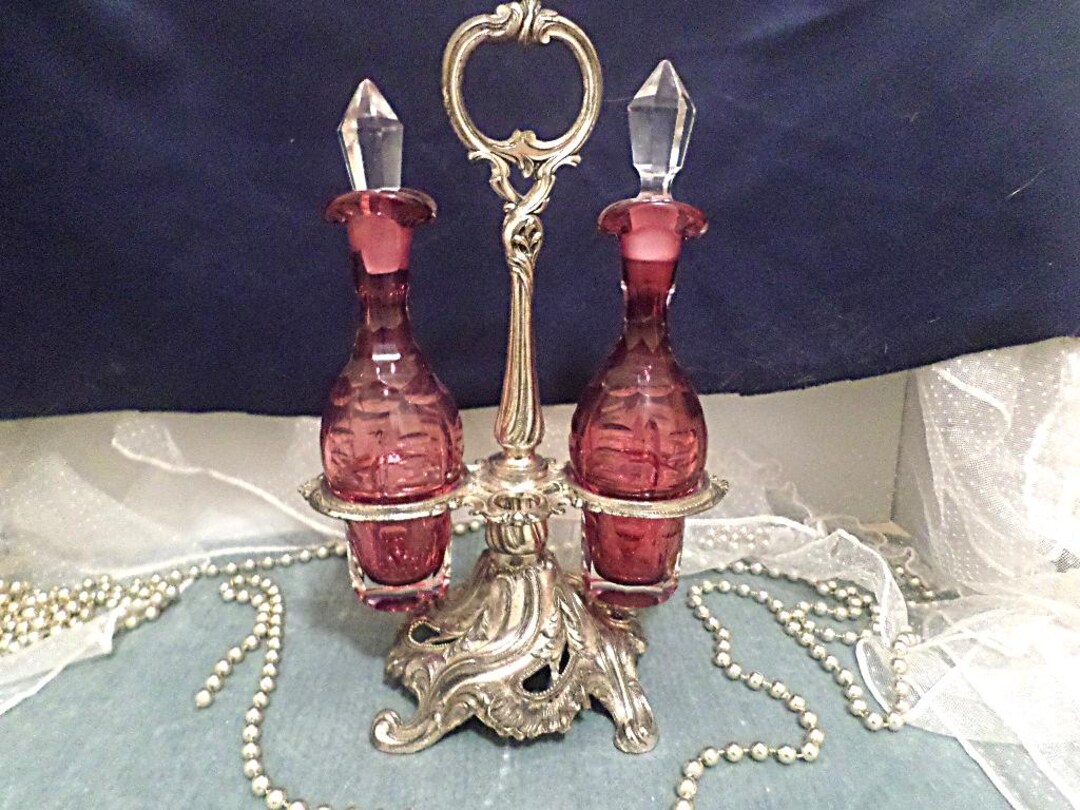 Cranberry Cut Glass Cruet Caster Set Vintage Victorian Style - Etsy