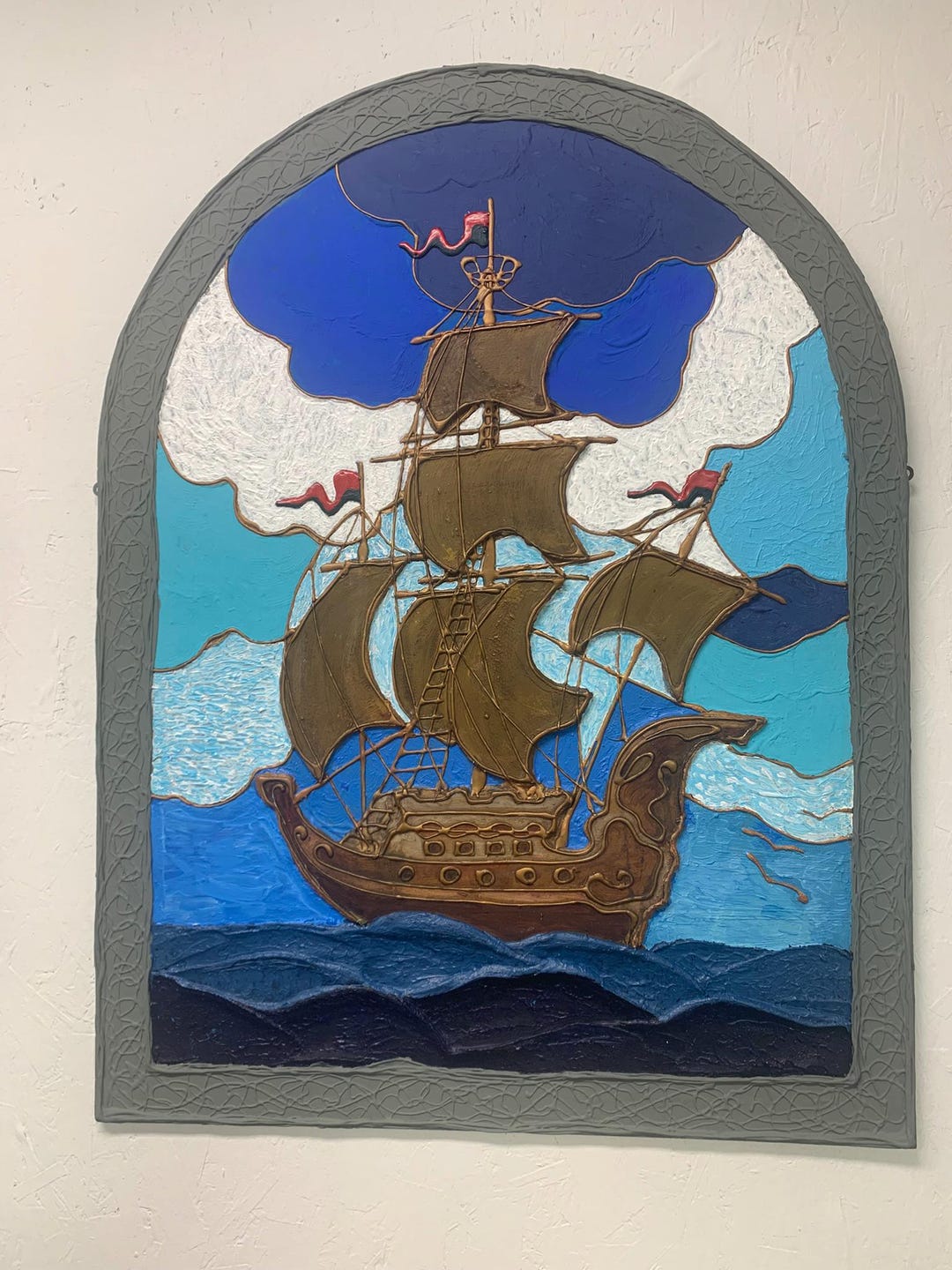 Large Vintage Arch Shaped Wooden Picture With Textured Sailing Ship - Etsy