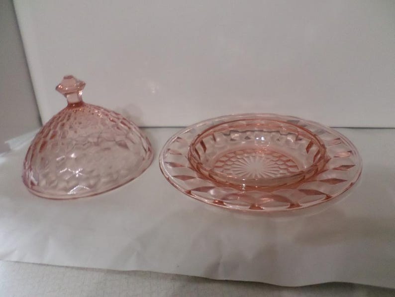 Jeannette Pink Depression Glass Cube Pattern Round Covered Butter Dish ...