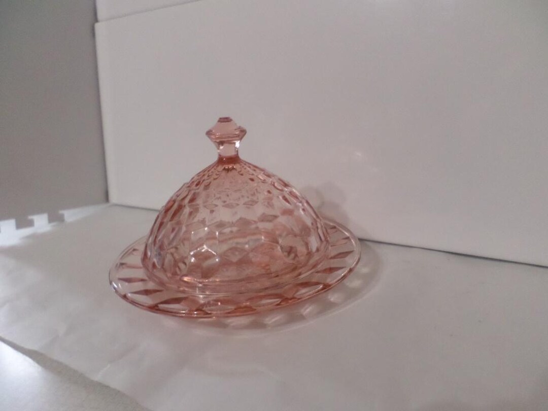 Jeannette Pink Depression Glass Cube Pattern Round Covered Butter Dish ...