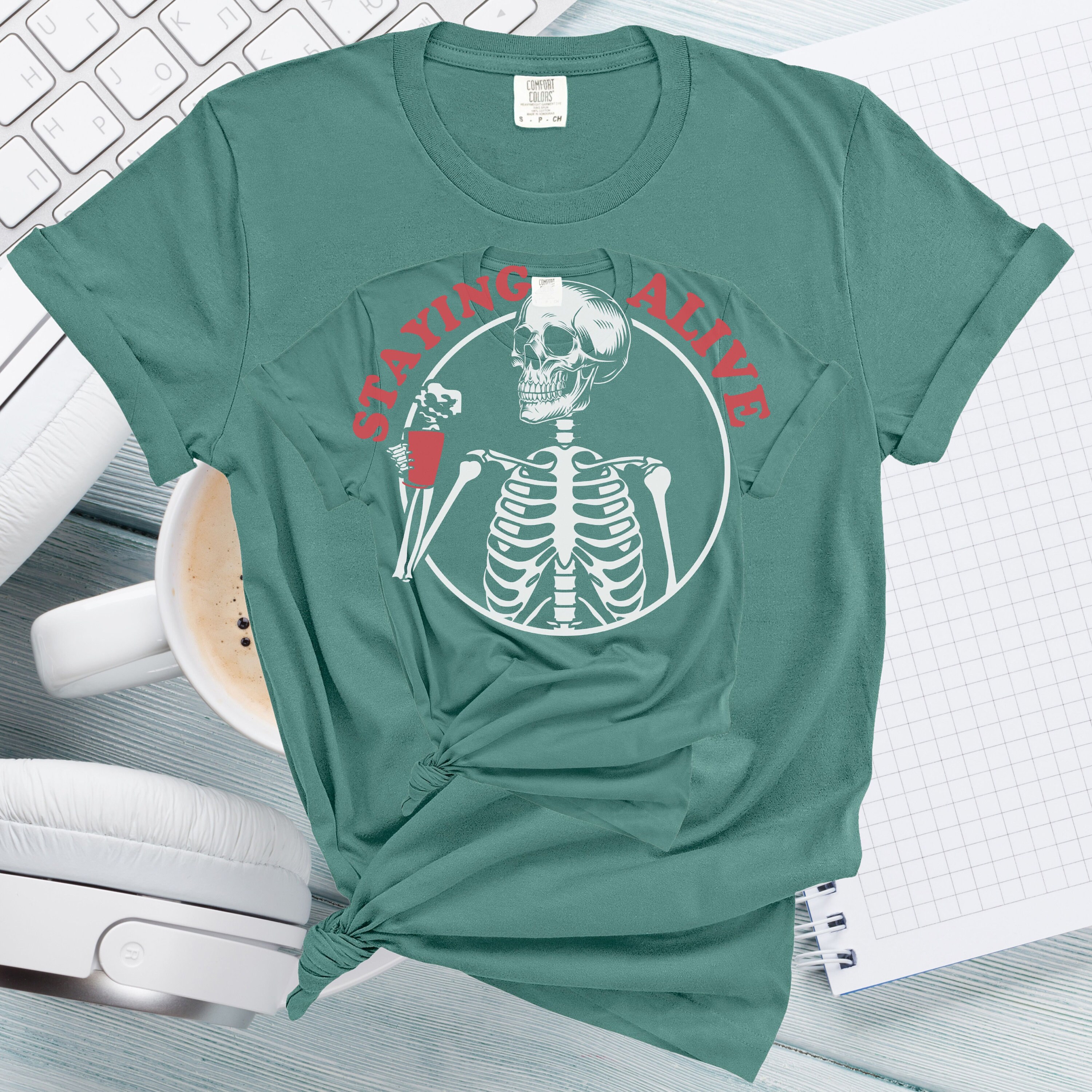 Best Coffee Staying Alive Shirt, Funny Skull, Funny Coffee Skeleton Tee ...
