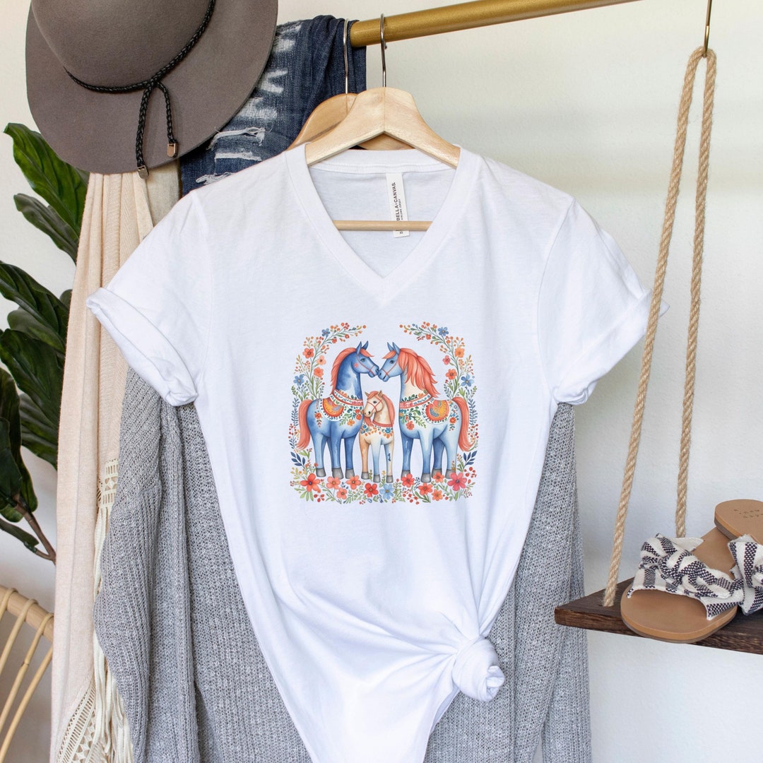 Dala Horse V Neck Swedish Dala Horse Shirt, Scandinavian Folk Shirt ...