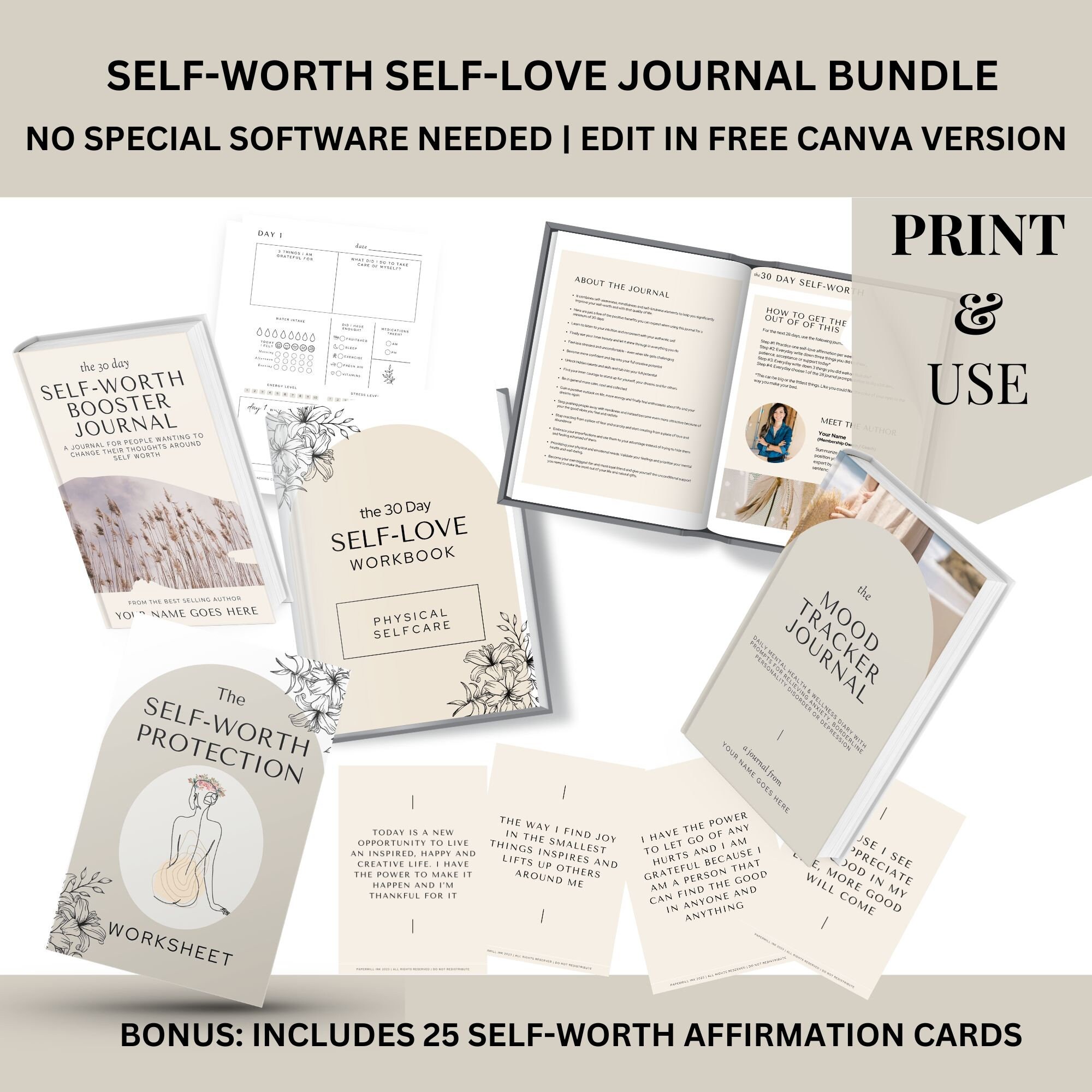 Self Worth Journal Bundle Therapy Tools Self-care Planner Printable ...