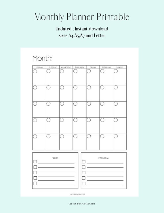 Monthly Planner Printable Productivity Planner Academic | Etsy