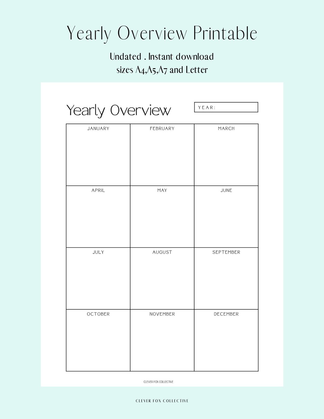 Yearly Overview Printable, Yearly Planner, Yearly Calendar, Undated ...