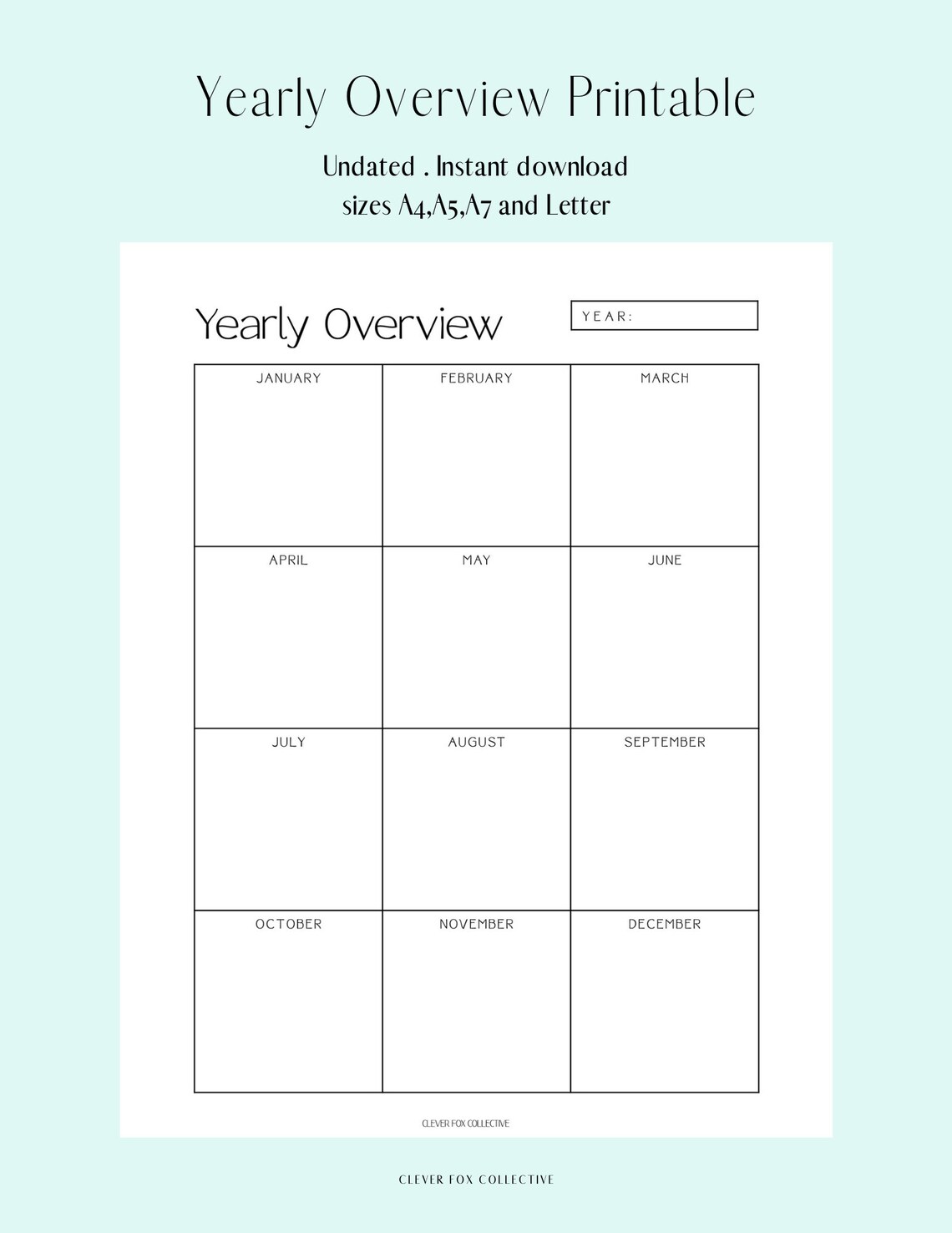 Yearly Overview Printable, Yearly Planner, Yearly Calendar, Undated ...