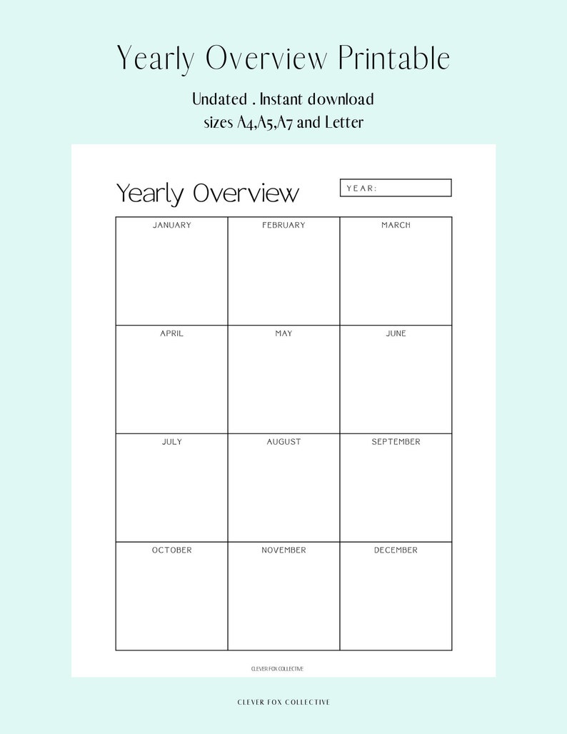 Yearly Overview Printable, Yearly Planner, Yearly Calendar, Undated ...