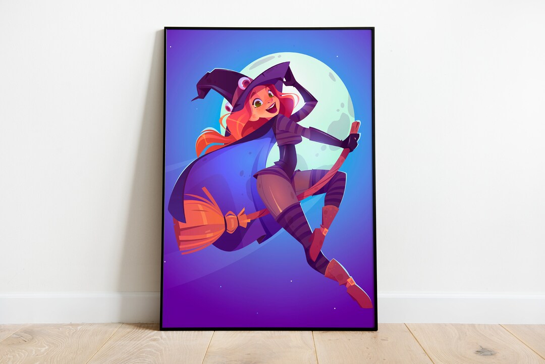 Cute Witch Sorceress Enchantress Magical Girl on Broomstick Print ...