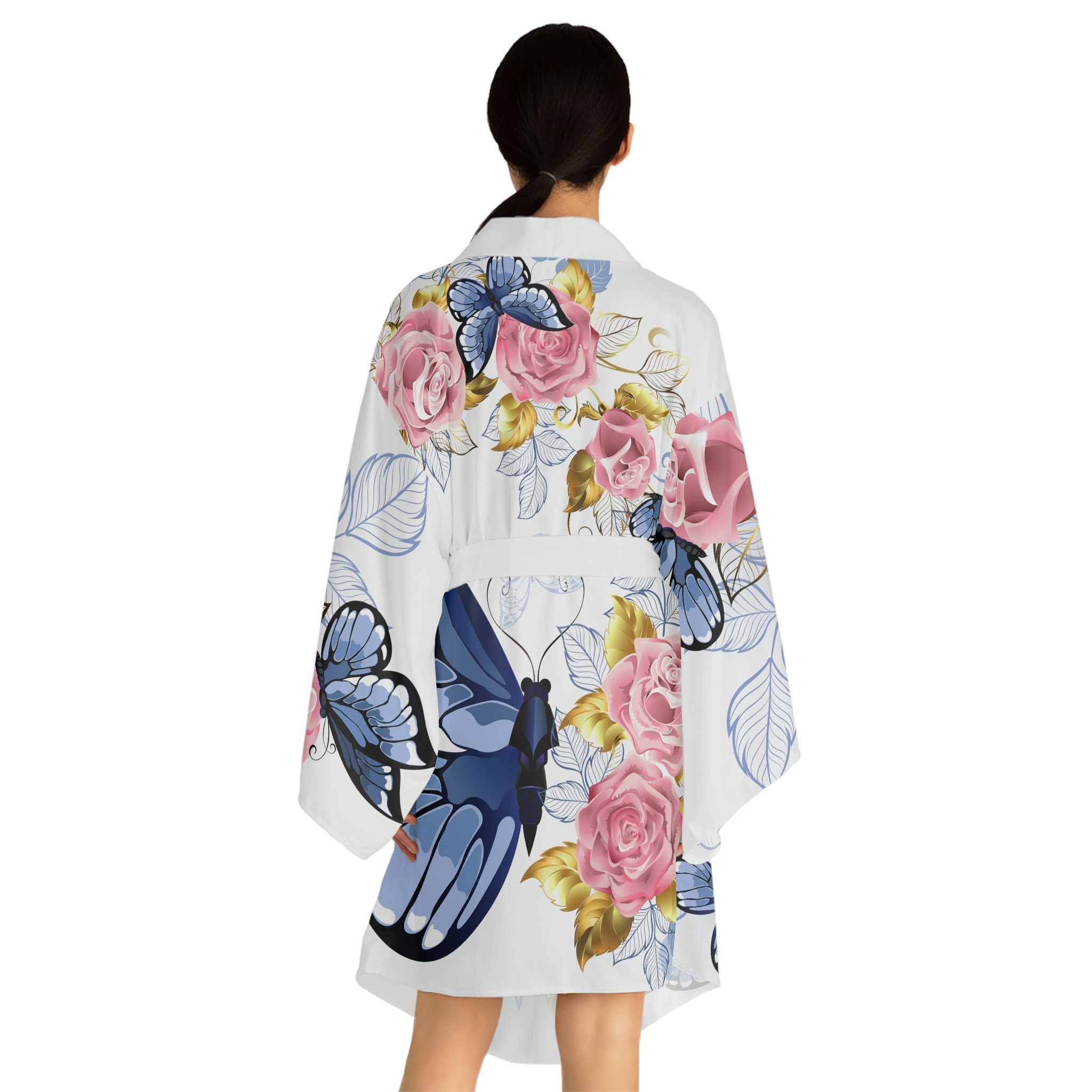 Gamma Phi Delta, Pink Rose and Butterfly Long Sleeve Kimono Robe (AOP ...