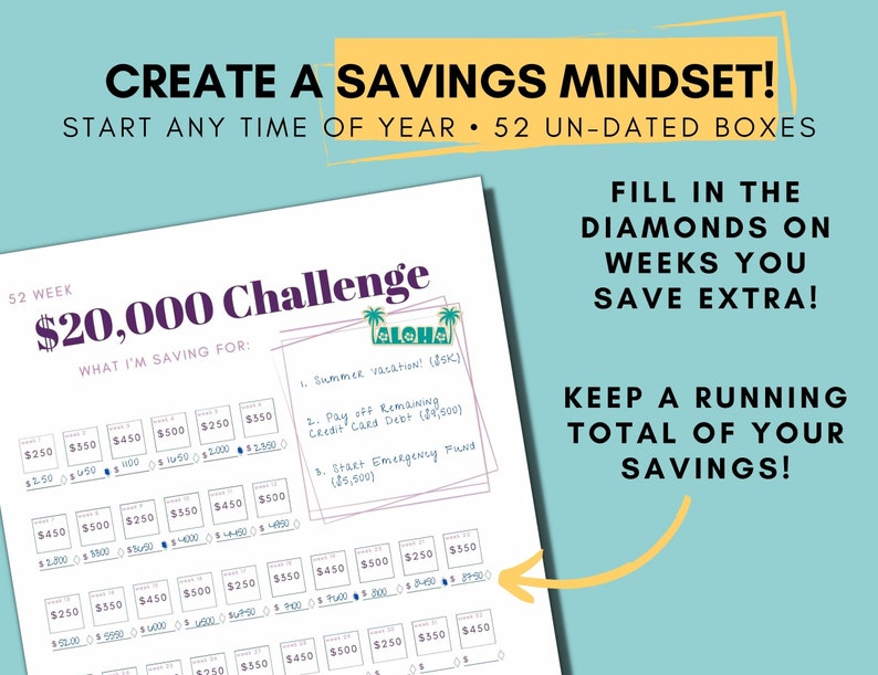 20K Savings Challenge Printable - 52 Week Savings Tracker Including Pre ...