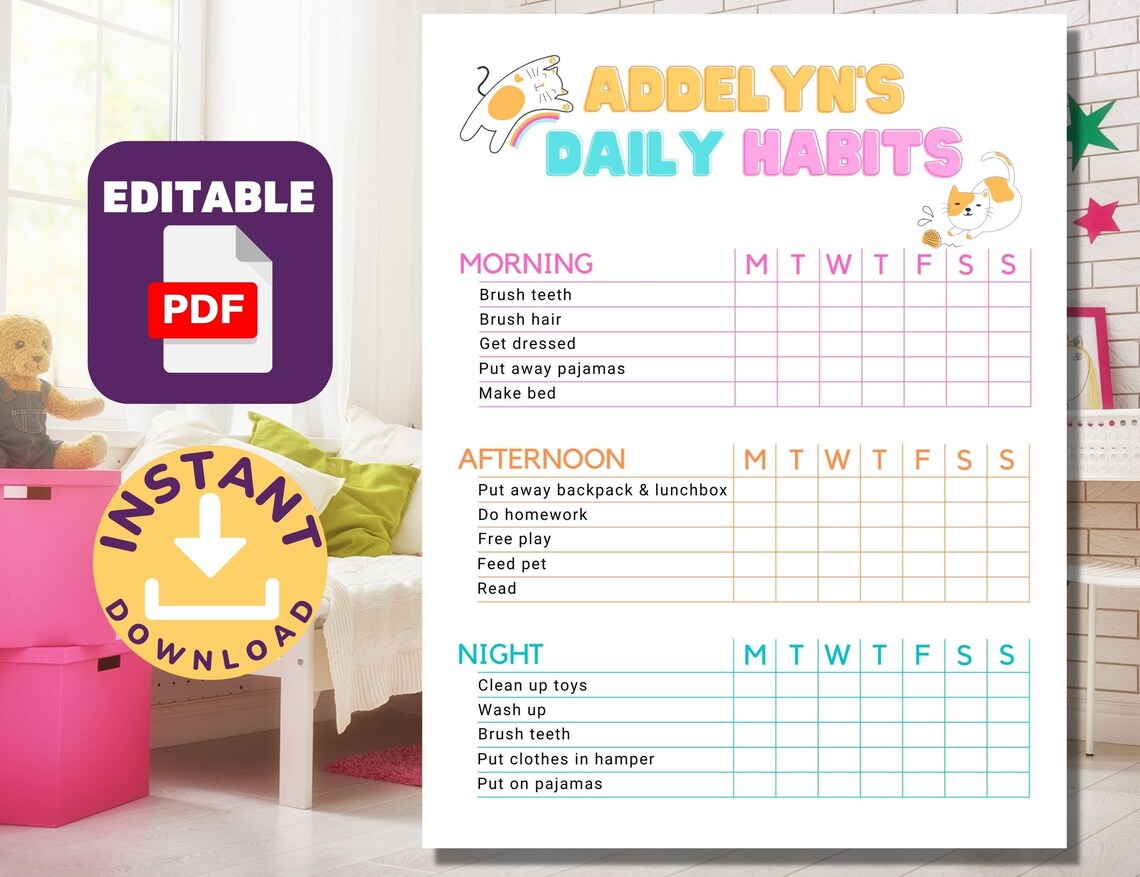 Kids Routine Chart, Editable Chore Chart for Kids, Instant Download ...