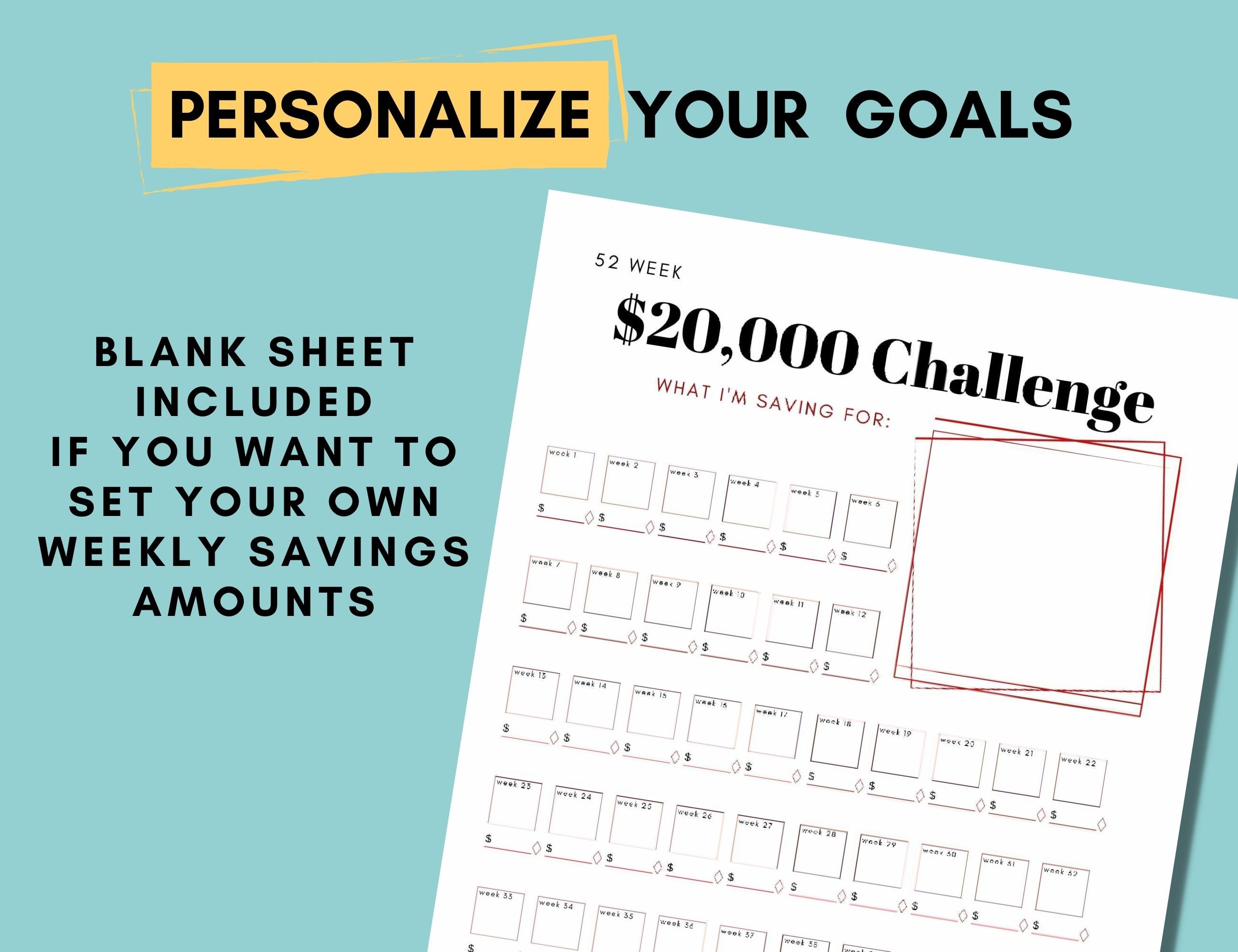 20K Savings Challenge Printable - 52 Week Savings Tracker Including Pre ...