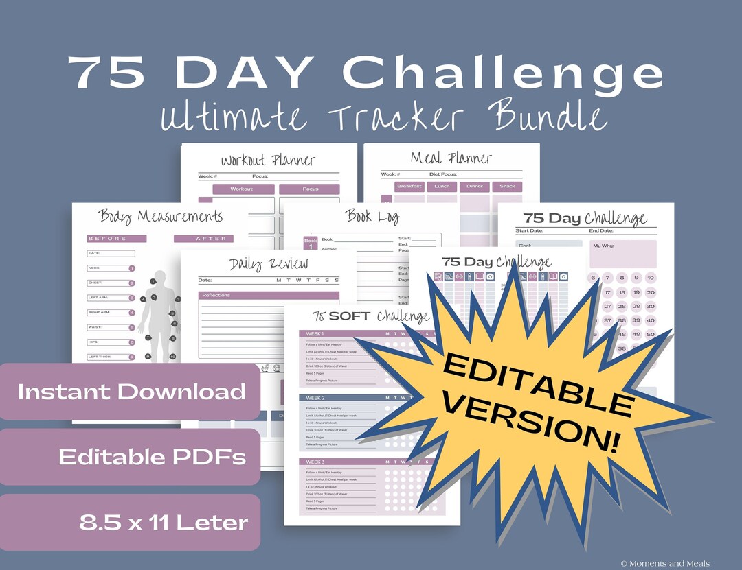 EDITABLE 75 Day Challenge Tracker, 75 Soft Printable PDF, 75 Medium ...