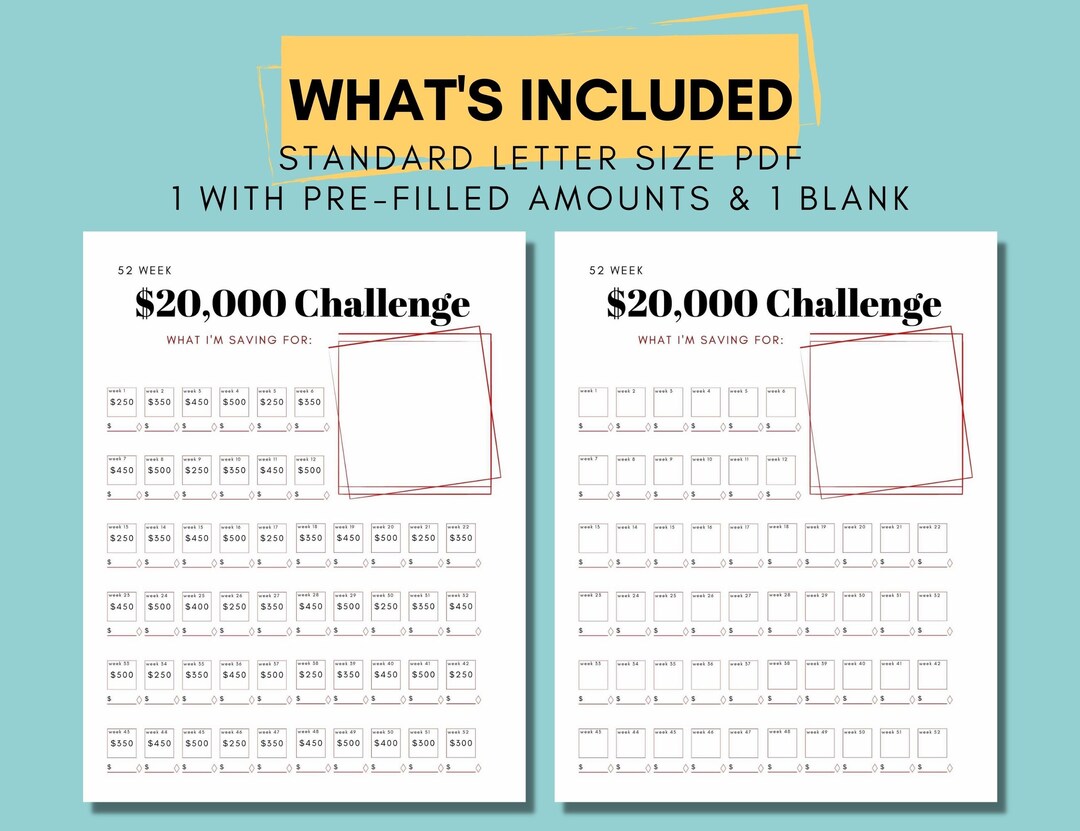 20K Savings Challenge Printable - 52 Week Savings Tracker Including Pre ...