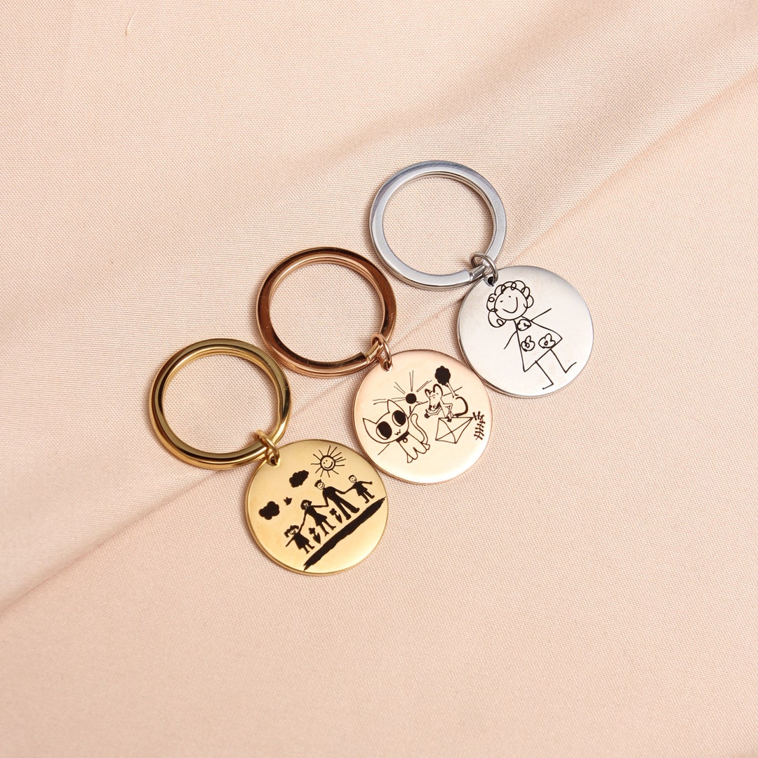 Actual Kids Drawing Keychain, Personalized Drawing Keyring, Kid's ...