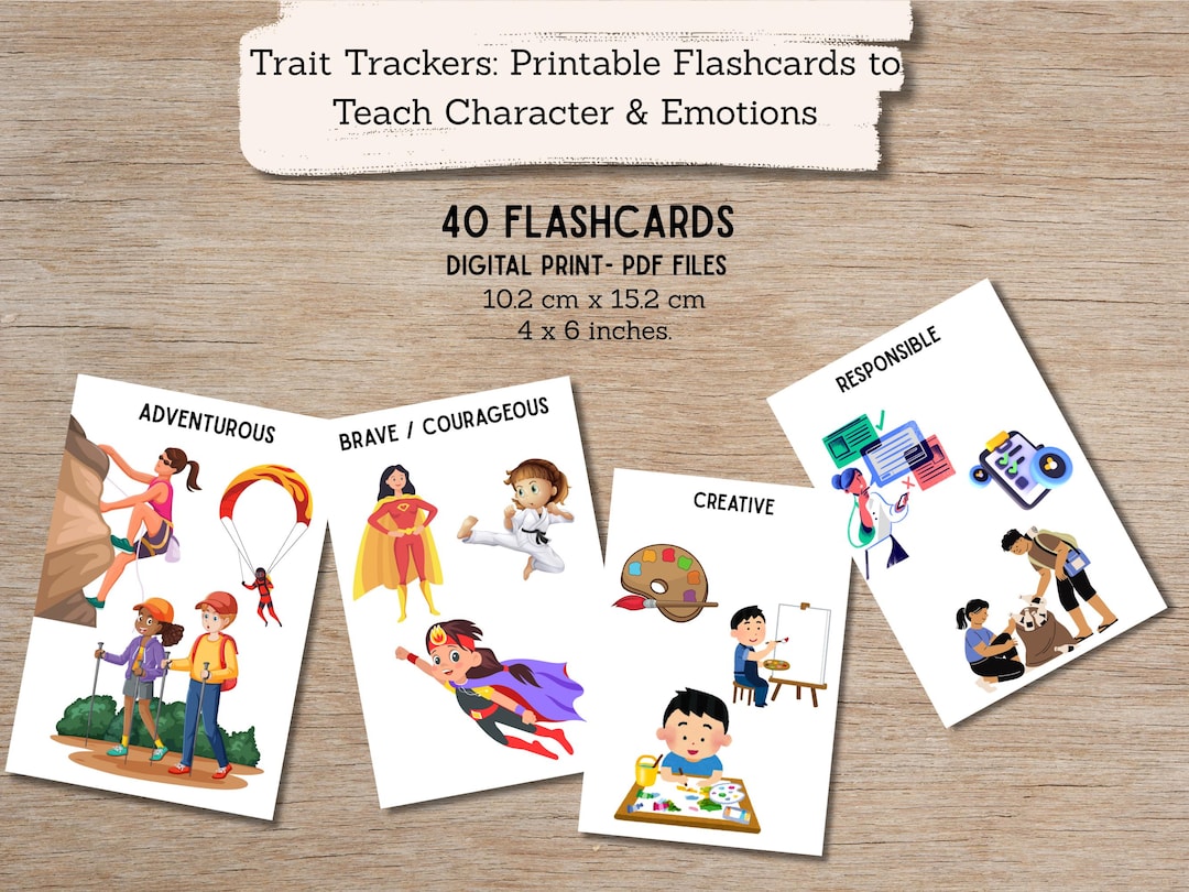 Printable Character Traits Flashcards for Kids Ages 4-8 — Digital 4x6 ...
