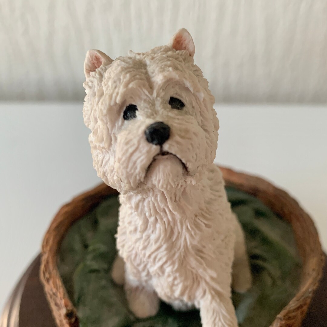 Vintage West Highland Terrier in Dog Basket on Wooden Plinth by Country ...