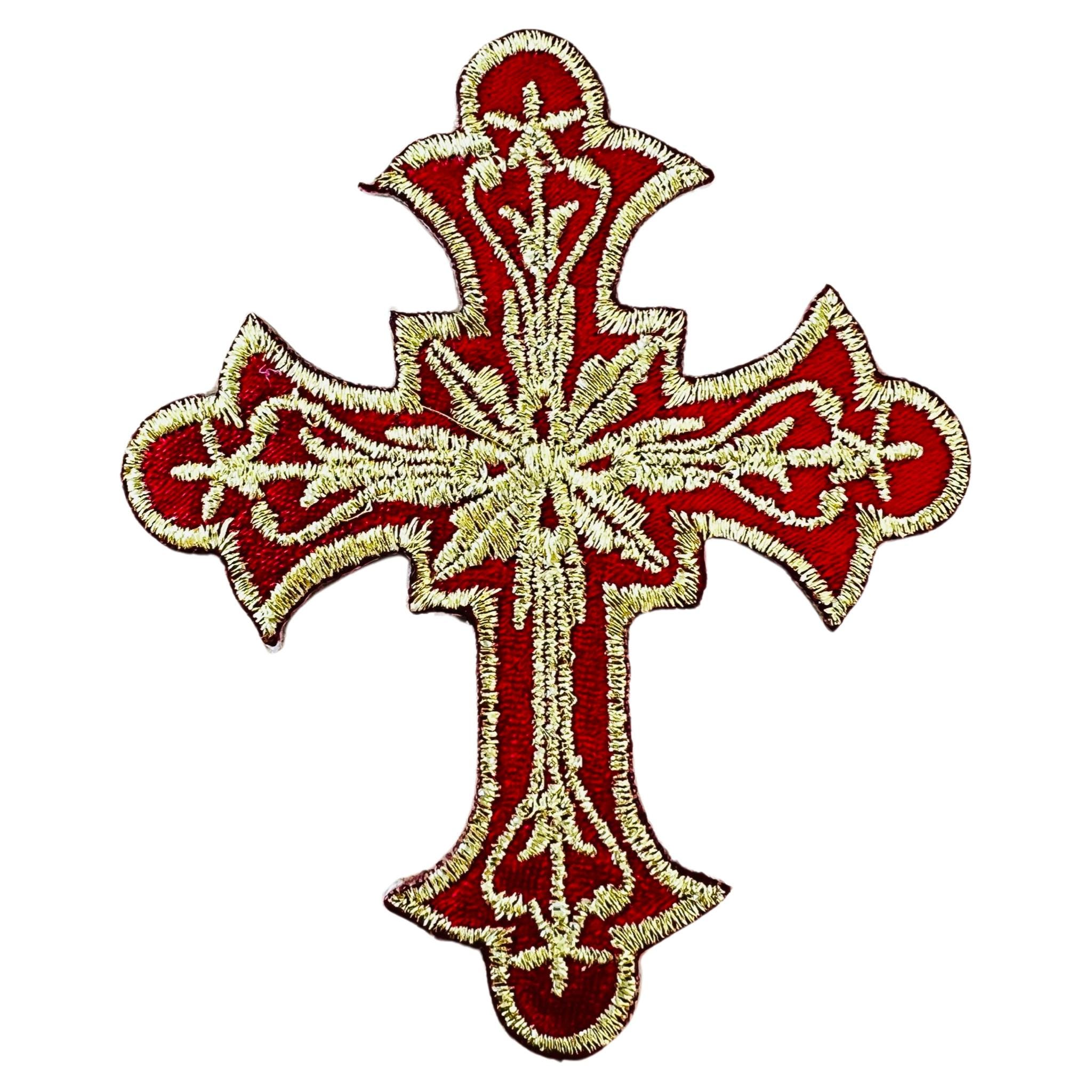 Red and Gold Cross Embroidery Patch: Iron-on Applique (H 8cm X W 7cm ...