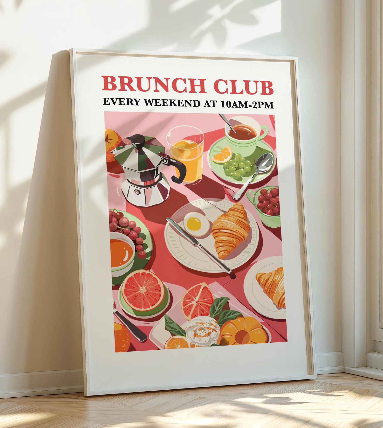 Brunch Club Print, Coffee Poster, Croissant, Preppy Room Decor, Vibrant ...