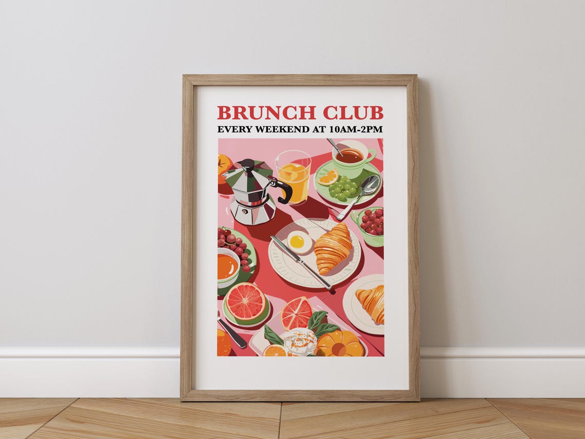 Brunch Club Print, Coffee Poster, Croissant, Preppy Room Decor, Vibrant ...