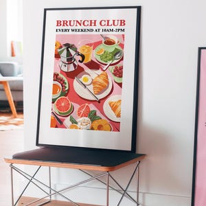 Brunch Club Print, Coffee Poster, Croissant, Preppy Room Decor, Vibrant ...