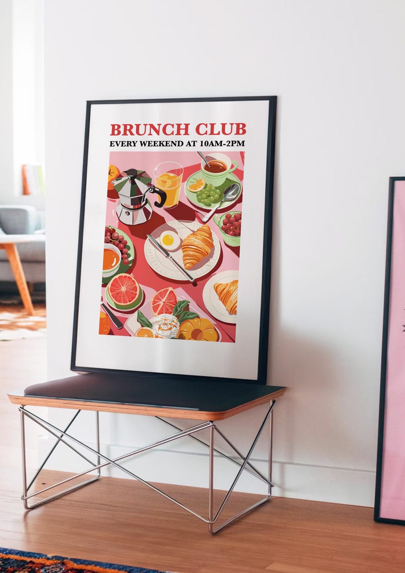 Brunch Club Print, Coffee Poster, Croissant, Preppy Room Decor, Vibrant ...