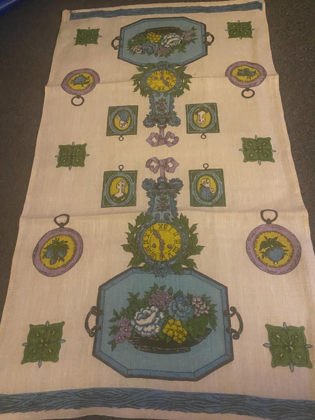 Linen Kitchen Towel Colonial American Americana Tea Towel Clock Flowers ...