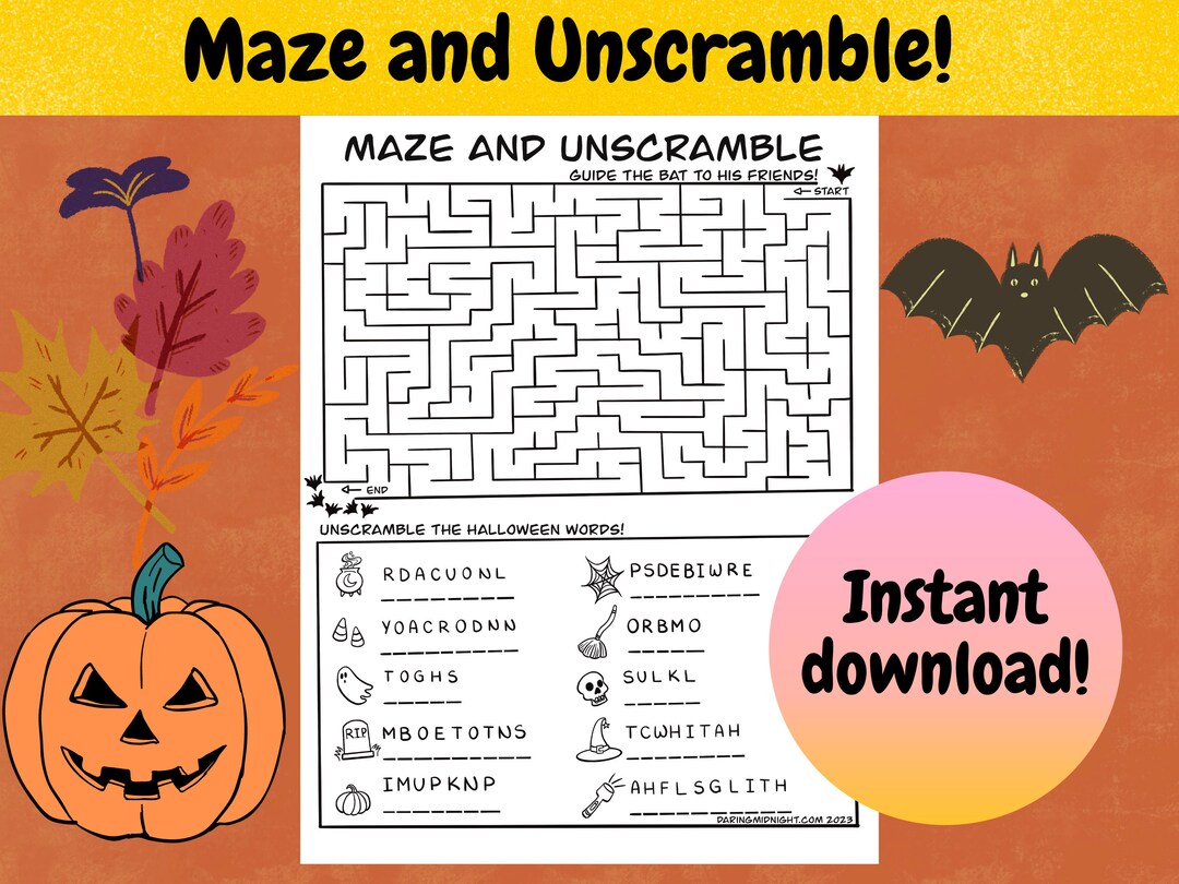 Maze and Unscramble Halloween Activity Sheet - Etsy