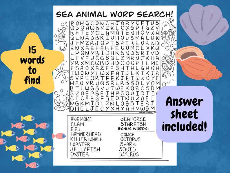 Sea Animal Word Search - Etsy